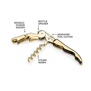 Viski 24k Gold Plated Signature Double Hinged Corkscrew Wine Bottle Opener and Foil Cutter, Waiter’s Corkscrew Wine Key, 4.75"