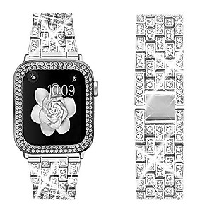 Bekomo Compatible for Apple Watch Band 45mm 41mm 38mm 40mm 42mm 44mm with 2 Pack Bling Crystal Diamonds Case Cover, iwatch SE Series 7 6 5 4 3 2 1 Bands for Women - (Silver 40mm)