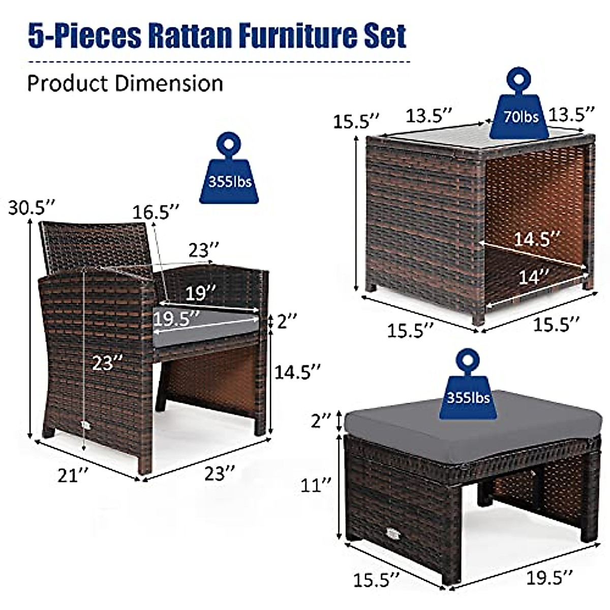 Tangkula 5 Pieces Patio Rattan Furniture Set, Outdoor Conversation Set with Cushioned Chair & Ottoman & Tempered Glass Coffee Table, All Weather Patio Sofa Sets for Garden, Backyard, Poolside (Grey)