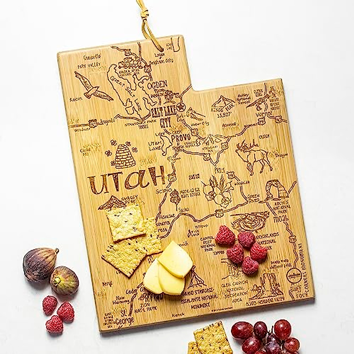 Totally Bamboo Destination Utah State Shaped Serving and Cutting Board, Includes Hang Tie for Wall Display