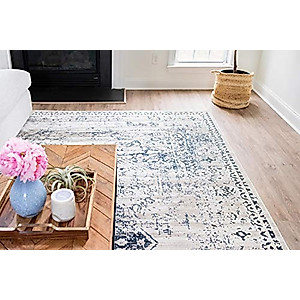 Unique Loom Chateau Collection High-Low Pile, Vintage, Traditional, Distressed, Medallion Area Rug (4' 0 x 6' 0 Rectangular, Beige/Navy Blue)