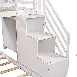 P PURLOVE Twin Over Full Bunk Bed, Wooden Bunk Bed Frame with Storage Staircase and Removable Storage Shelf, with guardrail and Separate Platform Bed, White