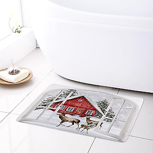 LB Rustic Winter Bath Mat Deer Under White Snow Area Rug for Bathroom Red Farmhouse Out of Window Doormat Non Slip Memory Foam Super Absorbent Floor Mats,24Wx16H Inch