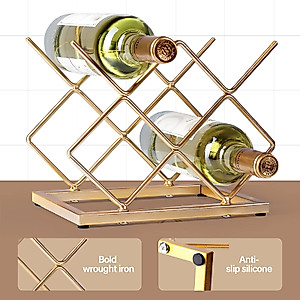 Drincarier Countertop Wine Rack - 5 Bottle Freestanding Modern Gold Metal Small Wine Rack - Tabletop Wine Holder Stand for Cabinet, Pantry, Wine Bottle Storage