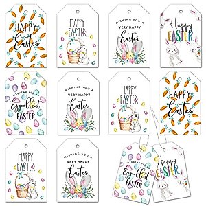 Whaline 100Pcs Easter Gift Tags with 32.8ft Silver String Watercolor Happy Easter Paper Tags Carrot Bunny Easter Eggs Holiday Hanging Labels Name Tags for Easter DIY Gift Party Favor Decor, 5 Designs