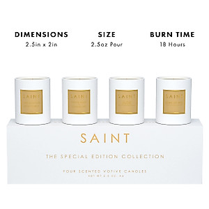 SAINT The Special Edition Collection Votive Candles, Soy Coconut Scented Candle Set with Holy Oil and Prayer Coin, Aromatherapy Soy Candles, 4 18-Hour Long Burning Candles, Holiday Gift-Ready Box