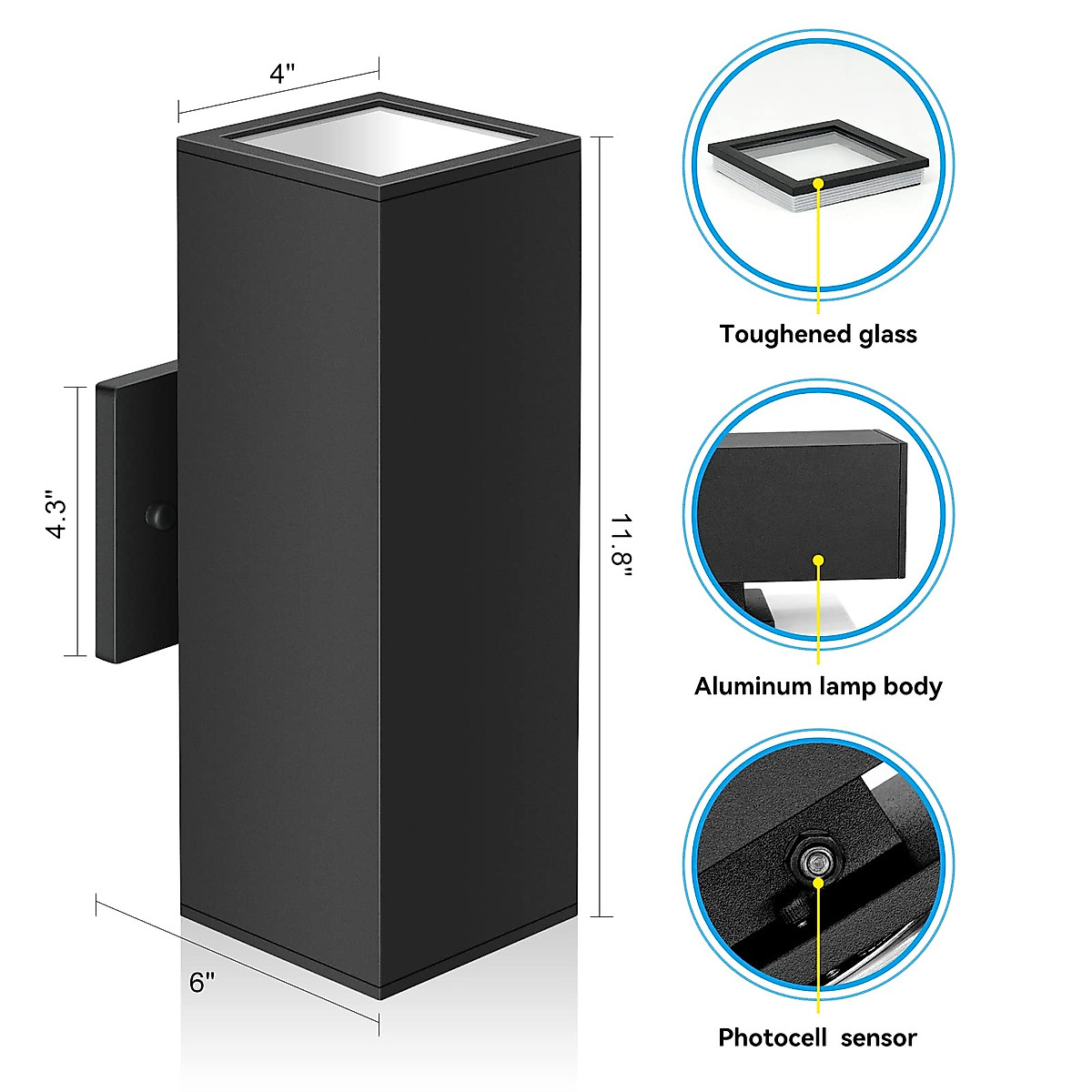 Tesjaso Dusk to Dawn Sensor Outdoor Wall Light Fixtures, LED Square Up and Down Lights, Modern Exterior Patio Lighting Sconce Aluminum IP65 Waterproof Lamp Dual Head NO Bulbs Wall Lantern