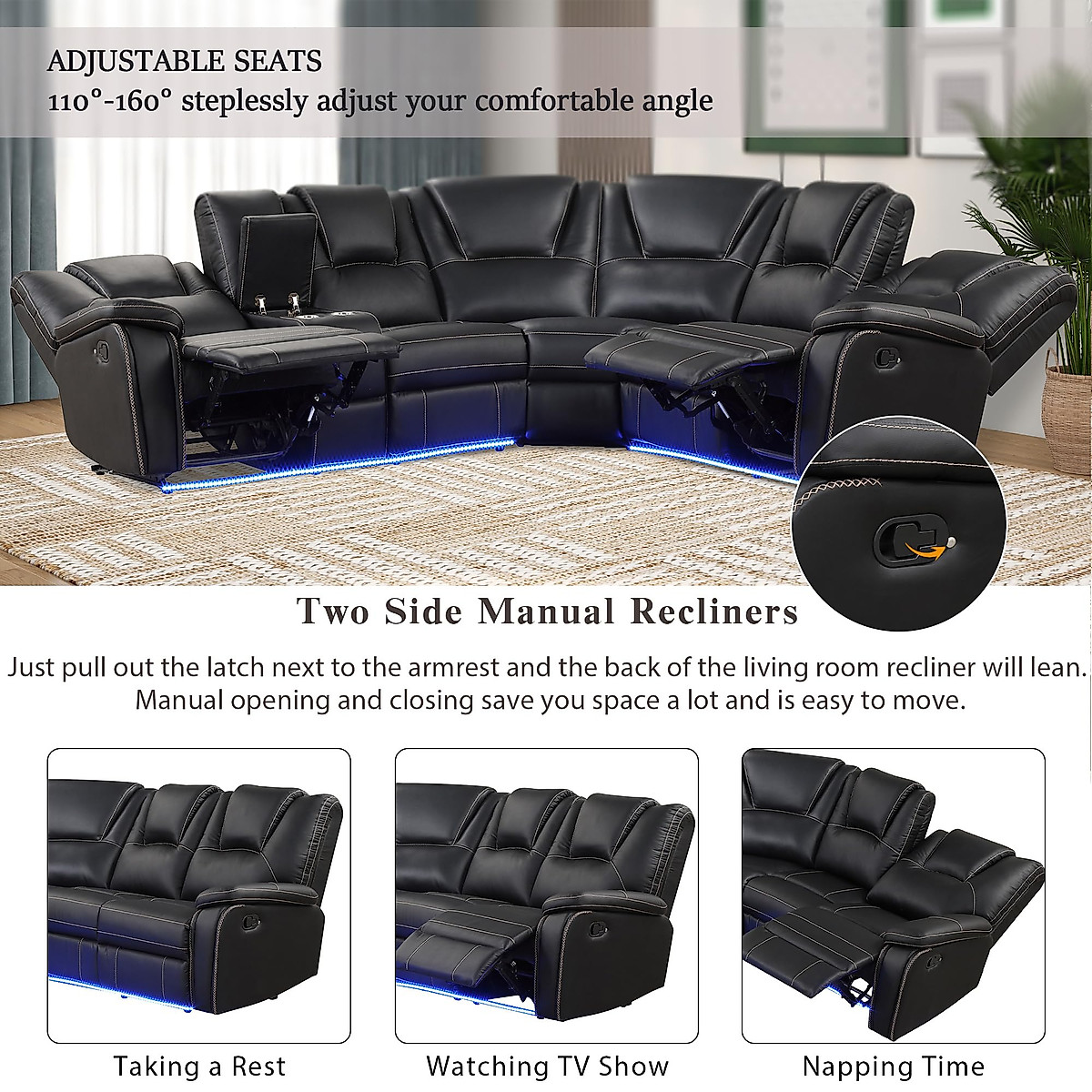 Yoglad Sectional Sofa with Recliner Manual Reclining Sectional Sofa with LED Lights Faux Leather Couch with Center Console/Cup Holders for Living Room, Home Theater, Black 102.4" Dx 97.6" W