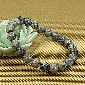 Natural Gray Picture Jasper Gemstone 8mm Ball Beads Stretch Bracelet 7" Unisex