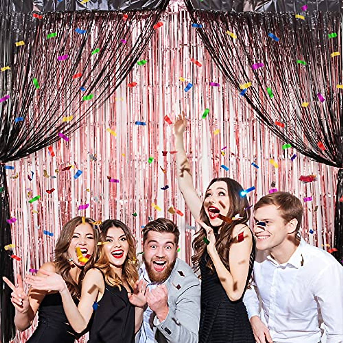 4 Packs 2 Black and 2 Rose Gold Foil Fringe Curtains, 3.2 ft x 8.2 ft Tinsel Curtains with Adhesive, Photo Booth Backdrop for Birthday, Graduation Party Decorations (Black and Rose Gold, 4pcs)