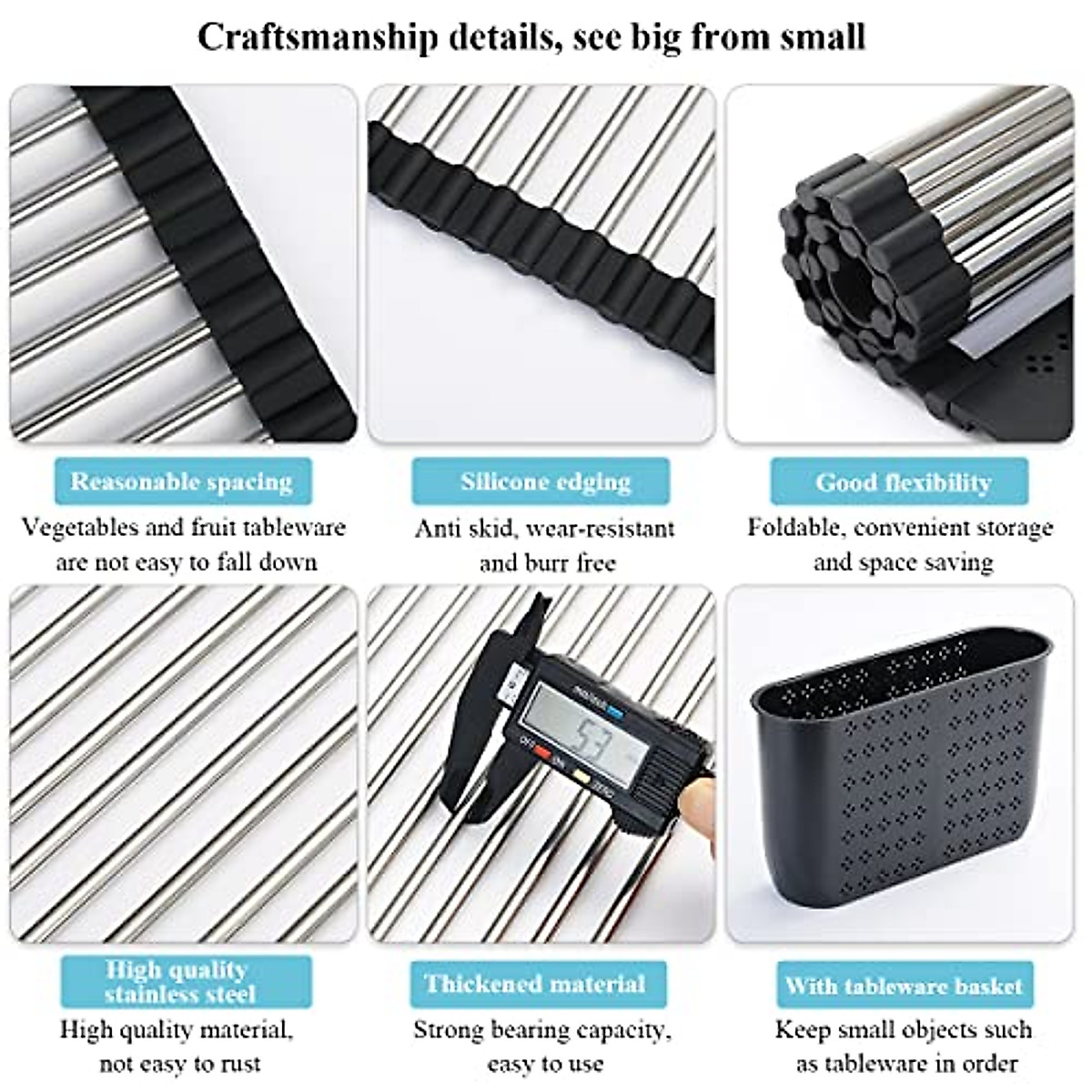 Berglander Dish Drying Rack Over The Sink, L17.5 by W 15" Rollable Stainless Steel Dish Rack with Removable Storage Basket, Perfect for Kitchen Sink