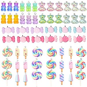 ZOCONE Colorful Candy Pendant Charm, 60 Pcs Mixed Cute Charms Set Contains Gummy Bear Charms Ice Cream Sweet Candy Pendants Lollipop Shape Polymer Clay Charms, Resin Charms for Jewelry Making