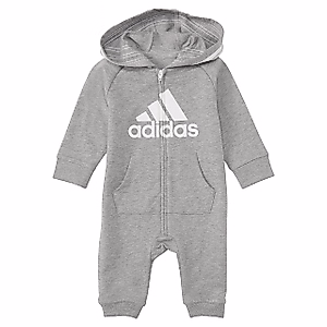 adidas Infant Boys Long Sleeve Zip Front Hooded Coveralls, Medium Grey Heather, 9M