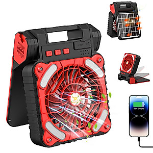 Solar Camping Fan, 15000mAh Outdoor Portable Rechargeable Tent Fan Camping Essentials Personal Cooling Fan Battery Operated with Lights,4 Speed,3 Timers, for Picnic, Hurricane, Fishing, Worksite