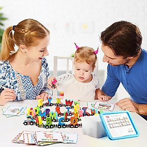 Wondertoys Wooden Alphabet Train Toy 27 PCS Magnetic Alphabet ABC Letter Train Set Includes 42 PCS Flash Cards, 1 Engine and 1 Storage Box for Toddlers Kids Boys and Girls
