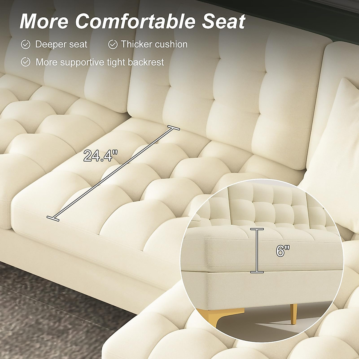 VERYKE U Shape Sectional Sofa Couch,Modern 110'' Linen Button Tufted Sectional Couch Sofa, Upholstered Sofa Bed with Metal Legs for Living Room