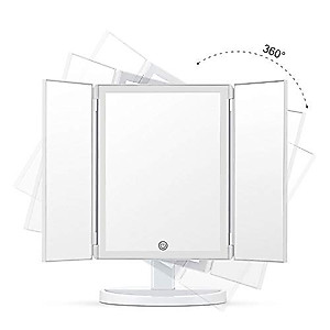 KXA Tri-Fold Vanity Mirror, 24 LED Lighted with Touch Screen 1X/2X/3X Magnification and USB Charging Adjustable Brightness and Stand for Makeup