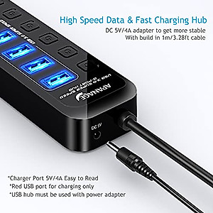 Apanage Powered USB 3.0 Hub, 8 Port USB 3.0 Hub Splitter with 7 Data Ports and 1 Smart Charging Port with Individual On/Off and 5V/4A Power Adapter USB Extension for MacBook, Mac Pro…