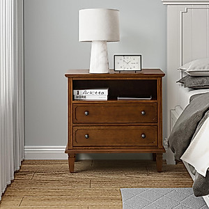 HULALA HOME Nightstand with Charging Station, Transitional End Table with USB Ports & Outlets, Fluted Pilasters Design Wood 2 Drawers Side Table with Open Space Dresser for Bedroom,Walnut