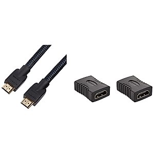 Amazon Basics Nylon-Braided 4K, 18Gbps HDMI to HDMI Cable, 25 Feet & HDMI Coupler, 29 x 22mm, Black - Pack of 2