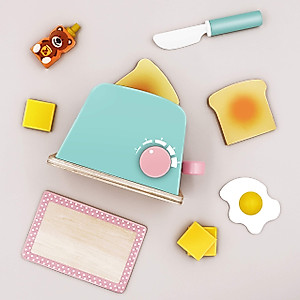 Toy Kitchen Wooden Pop-Up Toaster Play Set 10 Pcs, Interactive Early Learning Toaster, Exclusive Chopping Board, Knife, Poached Egg Honey Bear and Sliceable Butter, Fun and Colorful for Girls and Boys