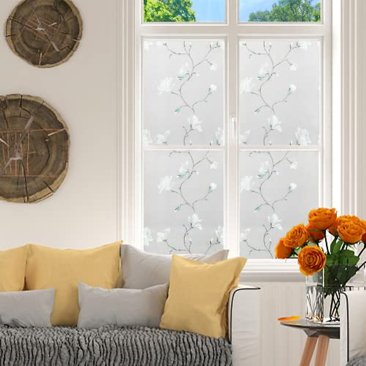 SUNBABY Magnolia Window Privacy Film: Stained Glass Window Film, Frosted Glass Window Film, Decorative Window Film, Window Cling Privacy Film