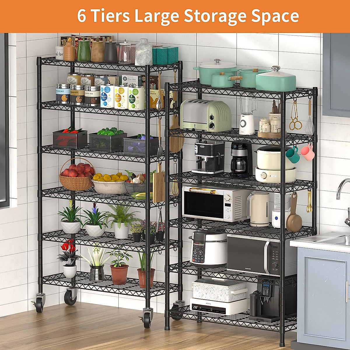 Hodonas Wire Shelving Unit with Wheels, 6-tier Metal Shelving with Adjustable Storage Shelves Freestanding Sturdy Metal Wire Storage Shelf Organizer Rack for Pantry Garage Kitchen, 36"W x 14"D x 75"H