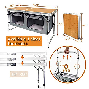 Folding Camping Table with Storage Lightweight Camp Tables Portable Indoor/Outdoor Collapsible Table Height Adjustable Camp Kitchen Perfect for Picnic, Beach, Travel, Tailgating, Backyards, BBQ, Party