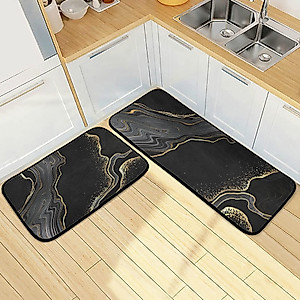 Kitchen Mats Rugs 2 Piece Set Bath Mat Antifatigue Cushioned Gold Black Marble for Floor Non Slip Washable (color4)