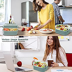 KEMETHY Bento Box Adult For Lunch, Stackable Large Capacity Containers with Tableware and Sauce Cups for Adults, Leak-Proof 2000ML/68OZ Green