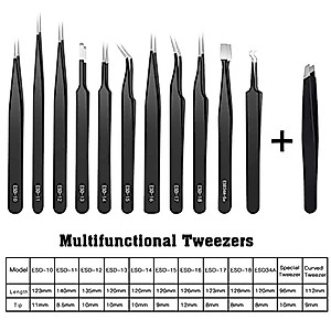 BOENFU Precision Tweezer Set Anti-Static ESD Needle Nose Tweezers for Craft, Soldering, Jewelry, Ingrown, Eyelash, Electronics, 12-PCS