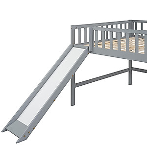 Harper & Bright Designs Full Size Low Loft Bed with Slide, High Guardrail & Ladder, Kids Wooden Full Loft Bed Frame for Girls,Boys, No Box Spring Needed, Gray