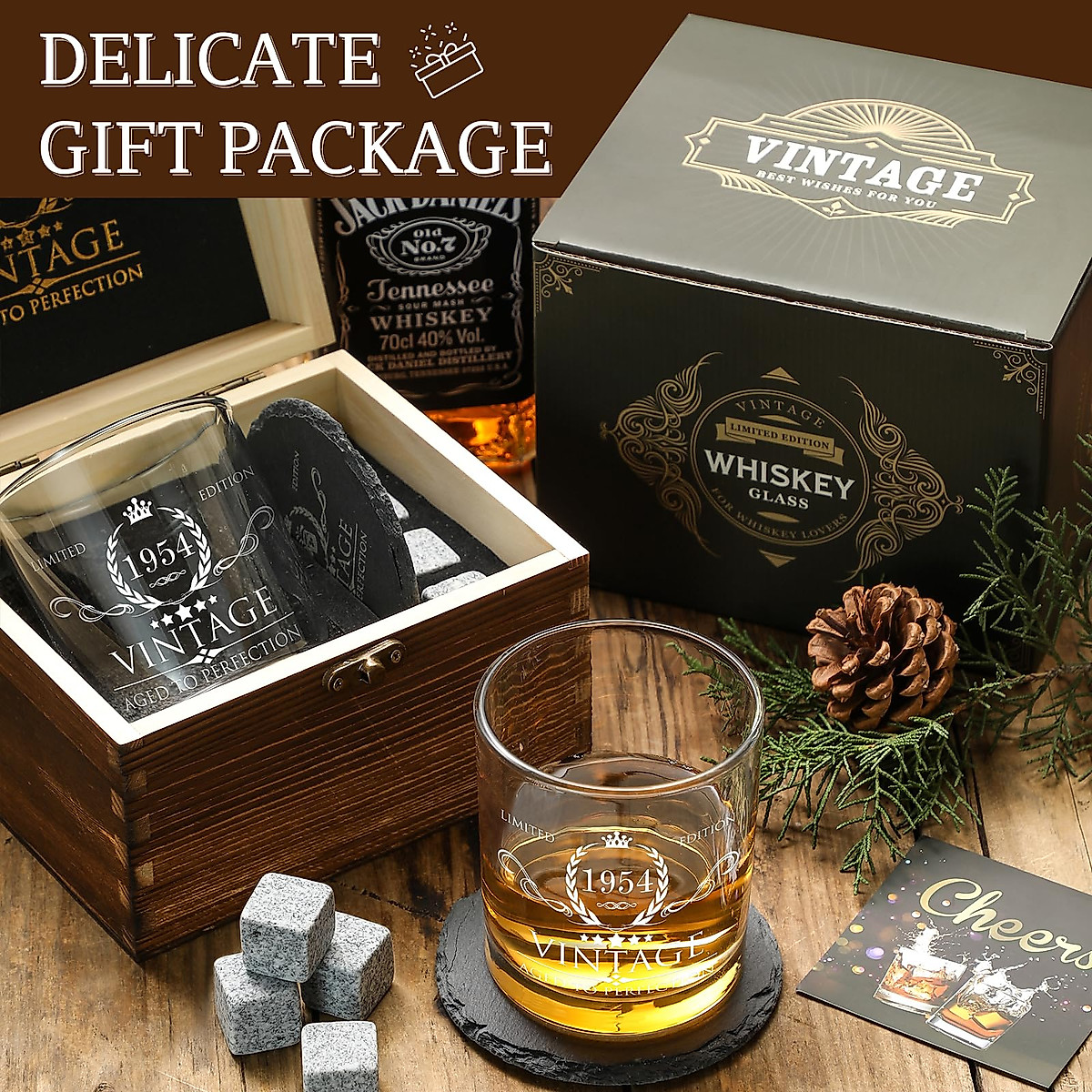 70th Birthday Gifts for Men Whiskey Glass Set - 70th Birthday Decorations, Party Supplies - 70 Year Anniversary, Bday Gifts Ideas for Him, Dad, Husband, Friends - Wood Box & Whiskey Stones & Coaster