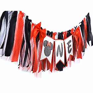 Minnie One High Chair Banner - Mouse 1st/First Birthday Decorations,Minnie 1st/First Birthday High Chair,Red And Black Minnie Highchair Banner,Mouse First Photo Props.