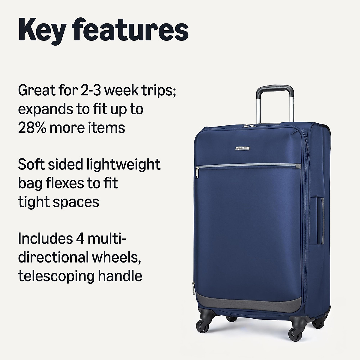 Amazon Basics Luggage, 30" Large Checked Softside Suitcase With Wheels With Four 360-Degree Multi-directional Spinner Wheels Expandable Space Zippered Pocket and Straps, Telescopic Handle, Navy Blue