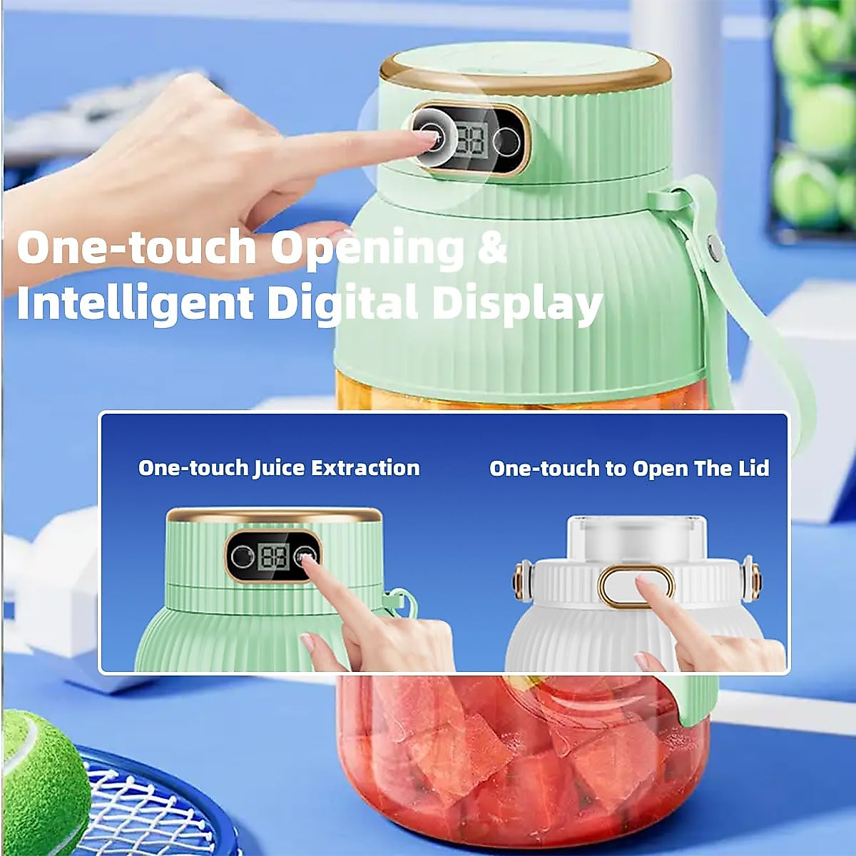 Multifunctional Portable Juicer Cup with Digital Display, 42 Oz Mini Personal Blender, BPA Free, Portable Juicer Cup, Small Travel Blender for Shakes and Smoothies (Blue, 2*Cup,2*Lid)