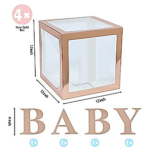Rose Gold Baby Shower Boxes Party Decorations 4 Clear & Transparent Blocks, First Birthday Centerpiece Decor Supplies for Boys and Girls, Gender Decor (Rose gold)