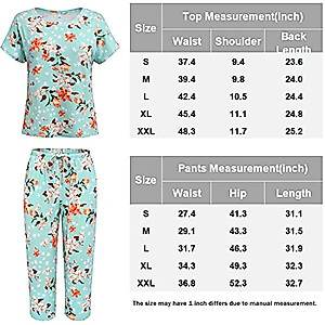 Ekouaer Women's Pajamas Short Sleeve Sleepwear Tops and Capri Pants Cute Print Pajama Sets with Pockets Green Flowers