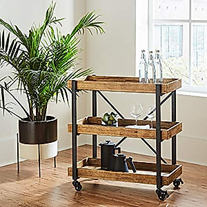 Amazon Brand – Rivet Modern Rustic Rolling Bar Cart with Wheels, 32 Inch Height, Wood with Black Iron Finish