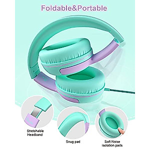 ELECDER Kids Headphones, S8 Wired Headphones for Kids with Microphone for Boys Girls, Adjustable 85dB/94dB Volume Limited, 3.5 mm Jack for/Kindle/Smartphones/Tablet/Airplane Travel(Green/Purple)