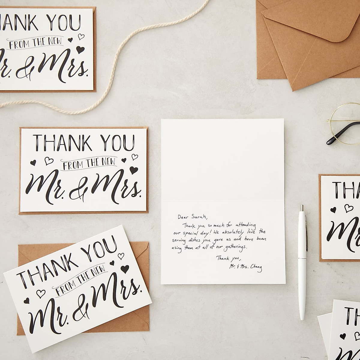 Sustainable Greetings 120 Pack Wedding Thank You from the New Mr and Mrs Cards Bulk with Kraft Brown Envelopes for Weddings, Showers, 4x6 in