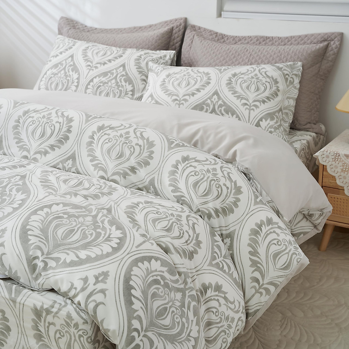 Tache Gray White Ogee Damask Moon Sky Speckled Heather Grey Modern Victorian Shabby Chic Reversible Duvet Cover Queen