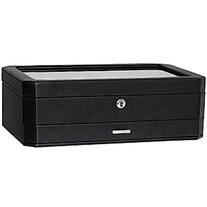 ROTHWELL 12 Slot Leather Watch Box with Valet Drawer - Luxury Watch and Jewelry Case Display Organizer, Microsuede liner, Mens Locking Watch Storage Holder Large Glass Top (Black/Grey)