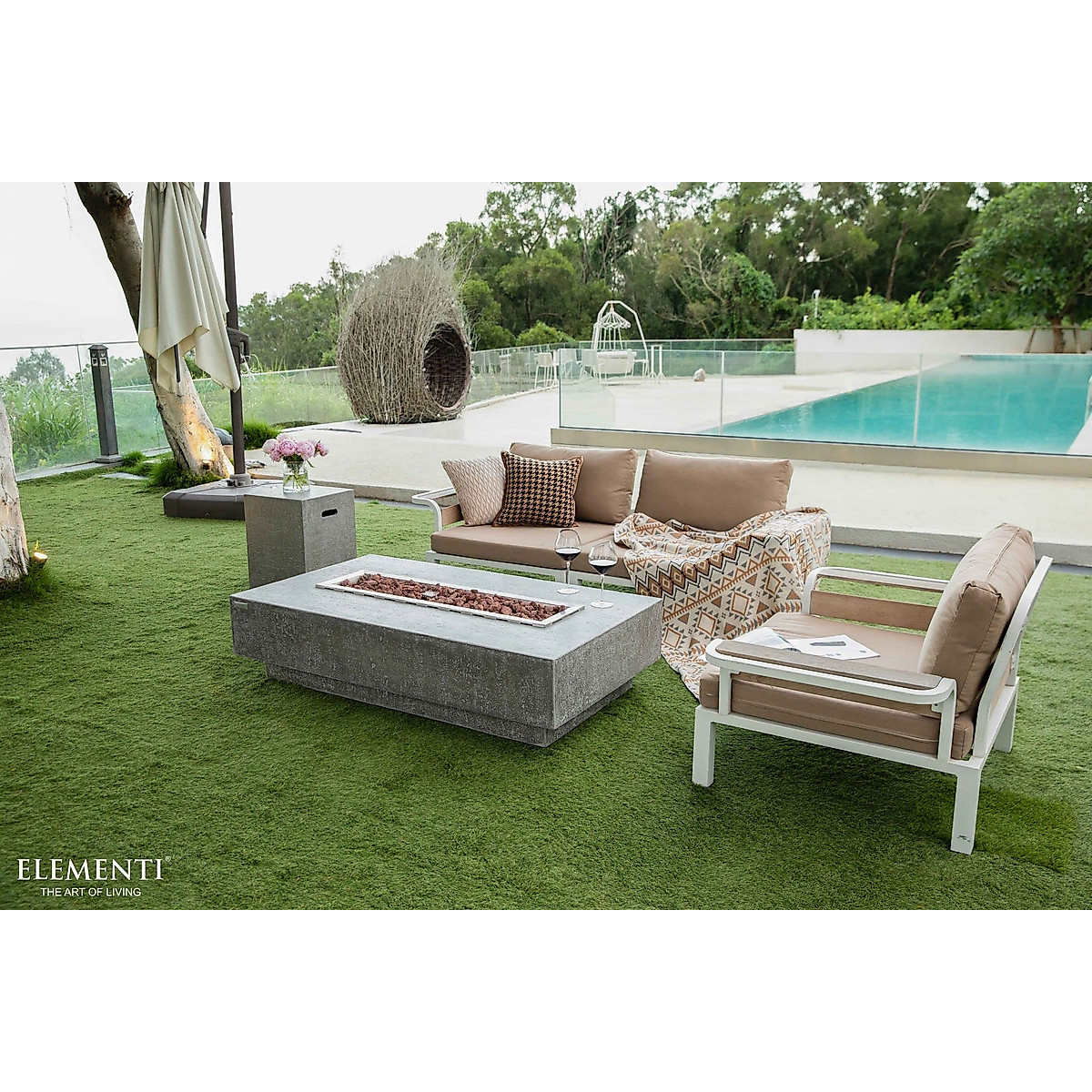 AMS Fireplace | Elementi | Large Rectangular Natural Gas Fire Pit Table | Free Bio-Ethanol Tabletop Lantern | With Canvas Cover, Lava Rocks, and Gas Key Valve | Fuel: Natural Gas, Hampton - Light Grey