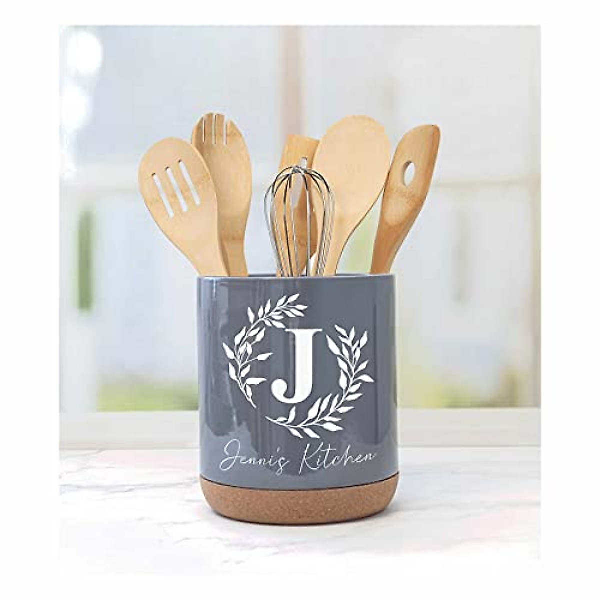 MRC Wood Products Personalized Ceramic Kitchen Utensil Holder - Engraved with Your Monogram and Custom Text (utensils not included) (Gray)