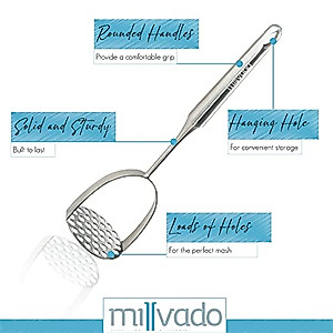 Millvado Potato Masher Stainless Steel, Best Mashed Potatoes Masher Kitchen Tool, Potato Smasher For Potatoe, Avocado, Sweet Potato, Beans, Large Heavy Duty Metal Mashing Utensil, 12.5 Inch