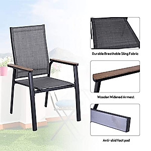 MFSTUDIO 2 PCS Aluminium Patio Dining Chairs Set,Textilene Outdoor Stackable Chairs with Wooden Armest for Garden, Poolside, Backyard,Grey
