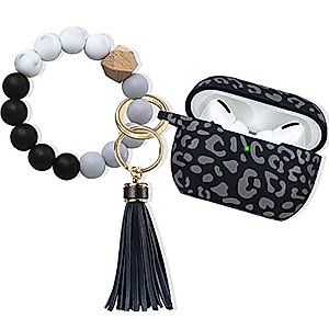 Grey Leopard Airpods Pro Case Silicone, Beaded Wristlet Apple Airpod Pro Cover for Girl Women, Case Soft Skin for AirPod Pro Wireless Charging Case with Bracelet Keychain (Gray Leopard/Cheetah)