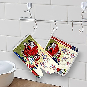 Oven Mitts and Pot Holders Kitchen Gloves Non Slip Oven Mitts and Hot Pads BBQ Gloves Oven Mitts and Hot Pads for Kitchen Cooking Baking Grilling Spring Patriotic Small Red Truck American Flag