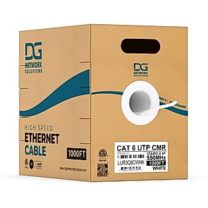 DG Cat6 Riser (CMR), 1000ft, Unshielded, 23AWG, Solid Bare Copper, Up to 10Gb Speeds, No Spline, Faster-Easier Terminations, 550MHz, ETL Listed, Indoor/Home/Commercial Use, Bulk Ethernet Cable, White
